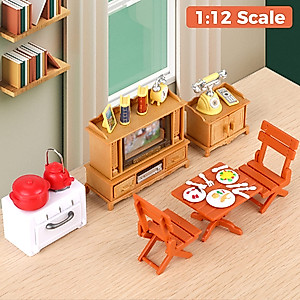 26pcs Miniature Dollhouse Furniture, 1:12 Doll House Furniture Table Chair TV Cabinet Set, Kitchen Pretend Play Toys with Cooktop Kettle, Mini Dollhouse Accessories for Birthday Christmas Party Gift