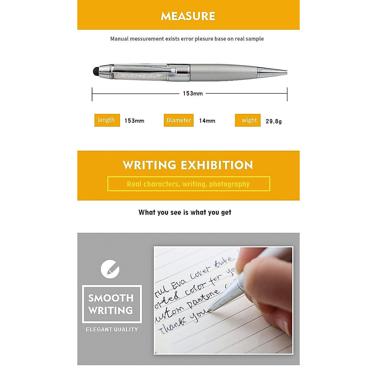 ProductsForYou 3 in 1 Crystal USB Pen with Stylus, Writing Ballpoint Pen with 8GB Hidden USB Flash Drive, Travel and Business Gift for Men and Women, Stylus Pen Compatible with iPad, Tablets, iPhone