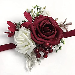 Emivery 6Pcs Burgundy Flowers Wrist Corsage, Wrist Rose Flower Corsage Wristlet Band Bracelets Wedding Prom Party Hand Flower Decor