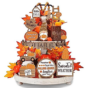 Maitys 21 Pcs Fall Thanksgiving Tiered Tray Decor Set Fall Pumpkin Gnome Truck Wood Sign Rustic Farmhouse Decor Hello Fall Wood Bead Decorative Tabletop Sign for Autumn Thanksgiving Day Table Holiday
