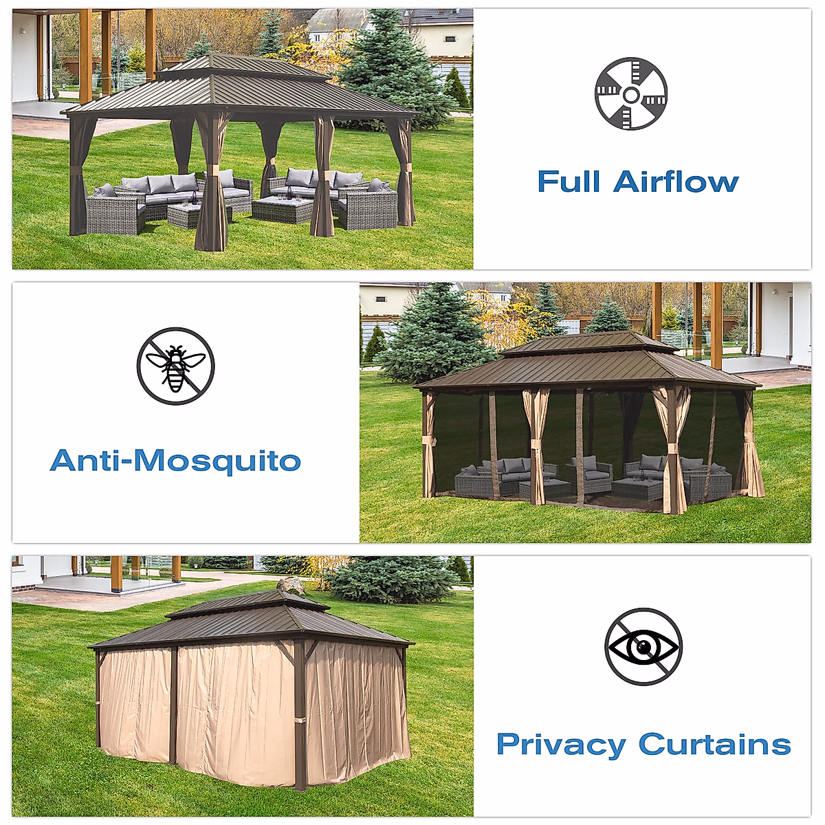 Domi 12' x 20' Hardtop Gazebo Permanent Metal Gazebo with Galvanized Steel Double Roof, Curtains and Netting for Party, Wedding, Outdoor Dining, Patio, Backyard, Brown