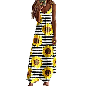 Cnebo Women's Ladies Loose Sunflower Printed Dress Sleeveless V-Collar Long Dress Maxi Dress Swing Long Dress Homecoming