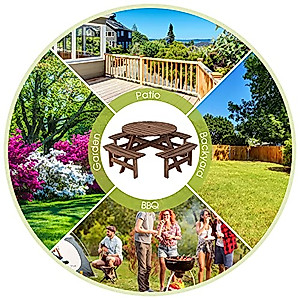 Giantex Wooden Picnic Table Set with Wood Bench, 4 Adults or 8 Kids Outdoor Round Table with Umbrella Hold Design, Perfect for Outdoor Garden Yard Pub Beer Dining, Dark Brown