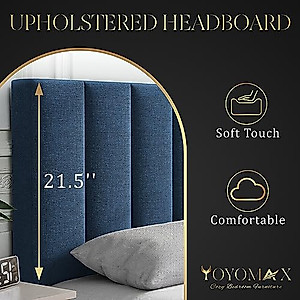 yoyomax Full Size Upholstered Bed Frame Platform with Linen Fabric Headboard and Strong Wooden Slats Support, Non-Slip & Noise-Free, Easy Assembly, No Box Spring Needed, Blue