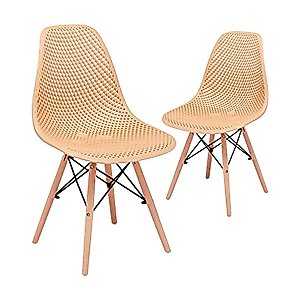 CangLong Dining Mid Century Modern Hollow Back Design Plastic Shell Armless Side Chair with Beech Wood Legs, Set of 2, Beige 1