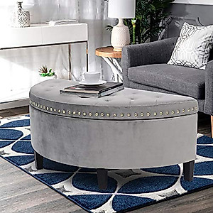 Homebeez 43.5" Half Moon Storage Ottoman Bench, Lift Top Velvet Storage Ottoman Bench for Bedroom Living Room(Light Gray)