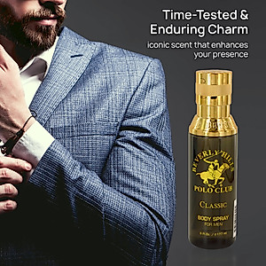 Beverly Hills Polo Club Body Spray for Men - BHPC Classic - Notes of Patchouli, Cedar, Vetiver, Ambergris & Musk - Long Lasting Cologne Scents - Ideal Gift for Him, 6oz