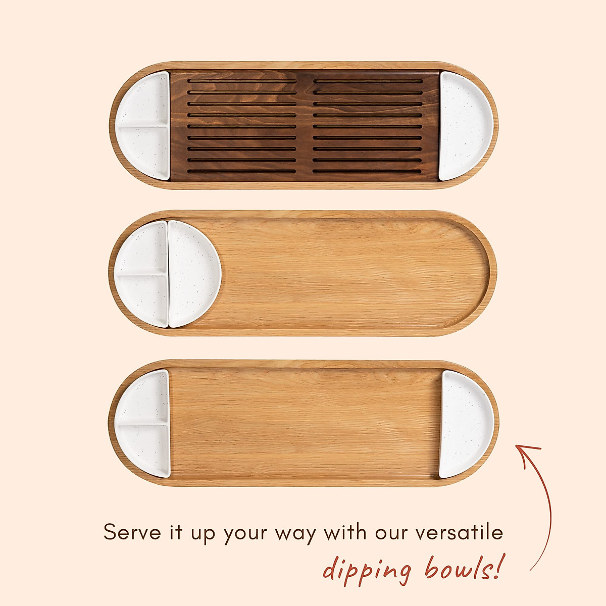 Bread Board and Appetizer Serving Tray with Dipping Bowls. Wooden Serving Platter Ideal for Cheese, Charcuterie, Fruit, Snacks, Chip and Dip. Perfect Wedding or Housewarming Gift by Ziruma.