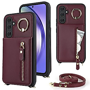 Jaorty Samsung Galaxy A54 5G Phone Case for Women with Card Holder,Samsung A54 Case Wallet Crossbody Lanyard with Strap,Credit Card Slots Kickstand Case with Ring Holder,6.4 Inch,Burgundy