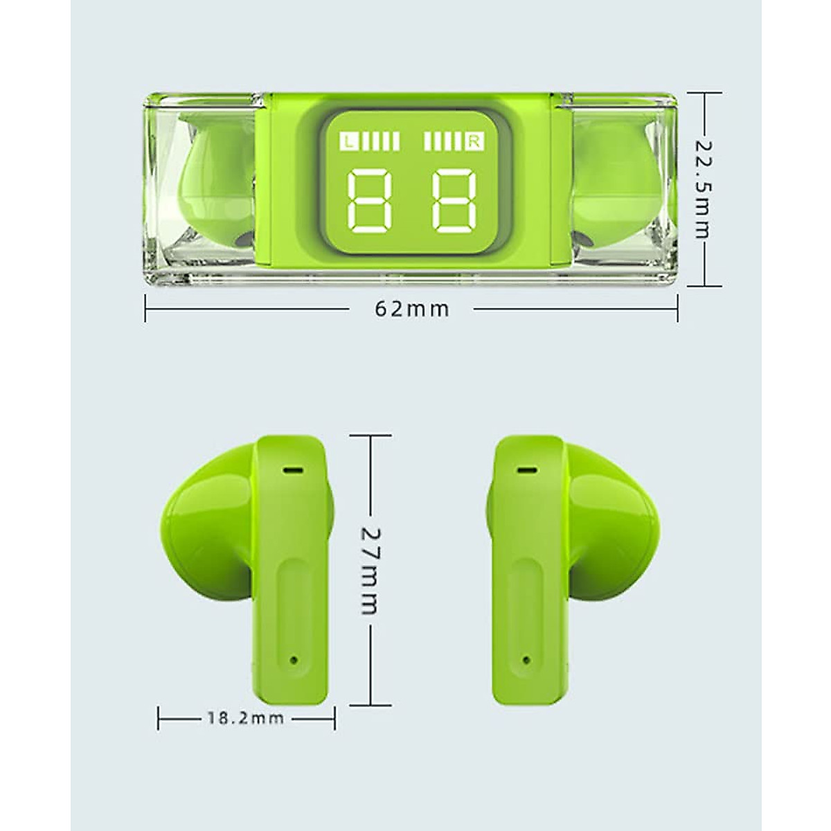 bahilok Wireless Headphones LED Display Earbuds Fone Bluetooth 5.3 Headset Noise Reduction Sports Waterproof Earphones with Mic (Green)
