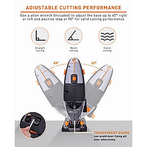 6.7 Amp 800W Jigsaw, ENGiNDOT (800-3000 SPM) Jig Saw with 6 Variable Speed, Laser & LED, 4 Orbital Sets, 6 Blades, 45° Bevel Cutting, Scale Ruler, Dust Blowing for Wood, Metal and Plastic Cutting