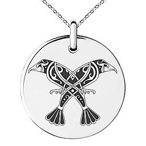 Stainless Steel Huginn & Muninn Odin's Twin Ravens Symbol Small Medallion Circle Charm Pendant Necklace