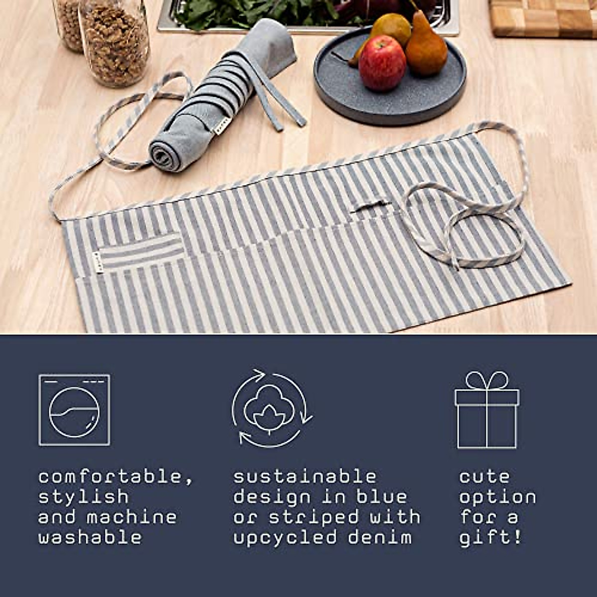 MEEMA Blue Half Apron with Pockets | Upcycled Denim and Cotton | Ideal for Restaurant Unisex Waitress Apron | 23X13 in, One Size Fits All