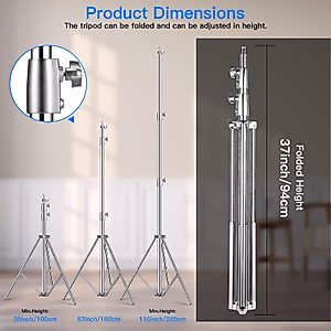 SUPON Stainless Steel Light Stand 110" /2.8m, Spring Cushioned Heavy Duty Tripod Stand with 1/4-inch to 3/8-inch Universal Adapter for Studio Monolight Softbox Reflector Photography Portrait Video