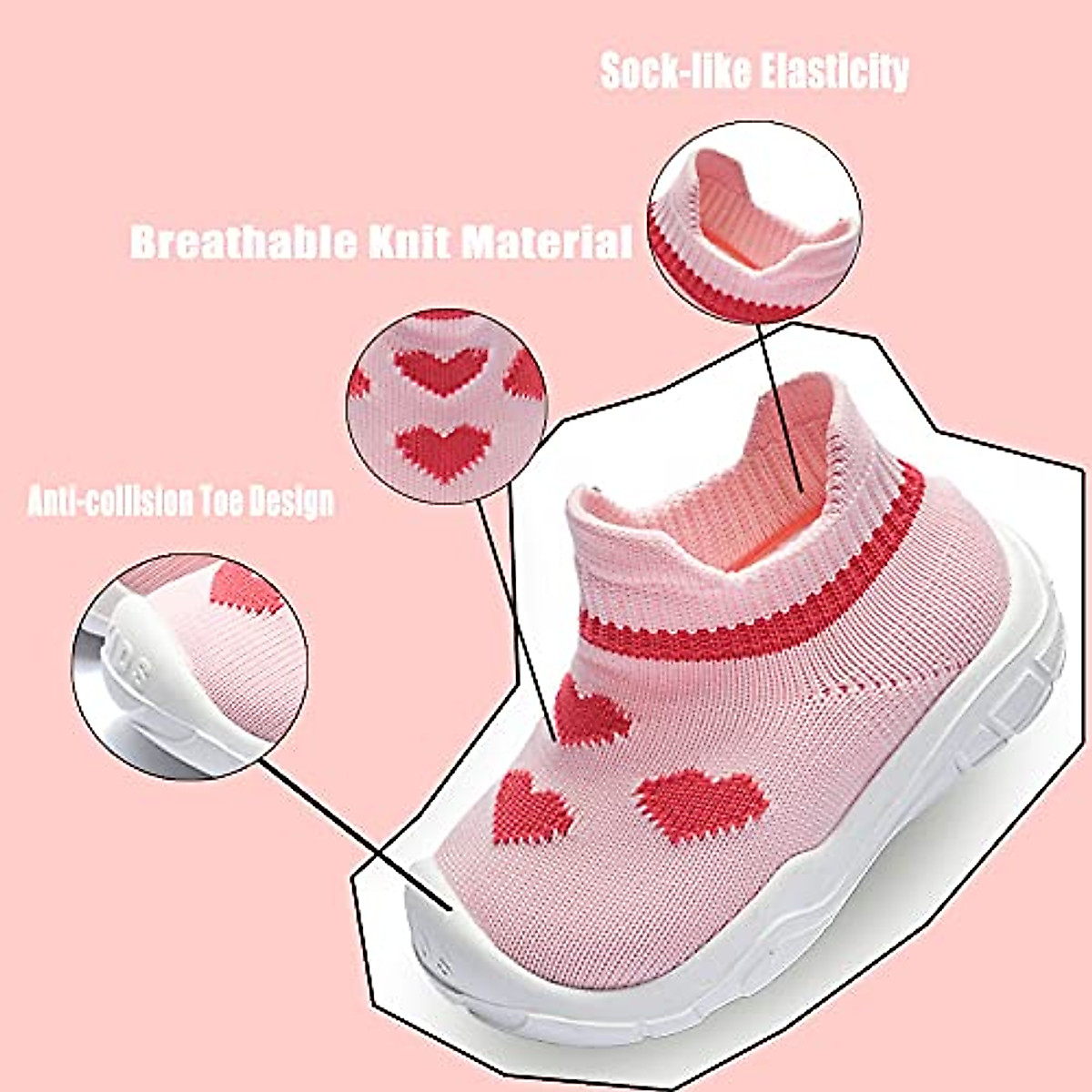 STEELEMENT. Baby Sneaker,Infant Non-Slip Soft Comforter Toddler Walkers for Boy Girls Shoes Pink Love Elastic Socks Protect Toes Memory Insole Moccasins Pink-22