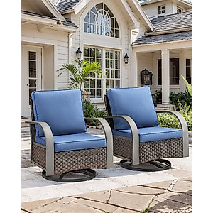 HUMMUH Patio Swivel Glider Outdoor Chair-All Weather Rattan Wicker Patio Swivel Rocking Chairs Porch Chair for Deck Porch Lawn Garden Backyard-Brown/Blue