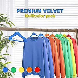 Multi-Color Premium Velvet Hangers with Mini Hooks, Pack of 50, Non Slip, Space Saving Cascading Clothes Hangers, Rainbow Colors, Red, Orange, Yellow, Green, Blue