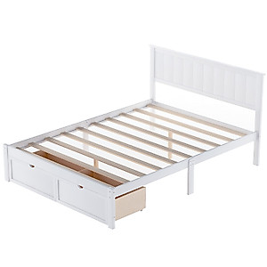 CITYLIGHT Full Size Bed, Platform Bed Frame with Headboard and Drawers, Wood Bed Frame for Kids, Teens and Adults, No Box Spring Needed, White