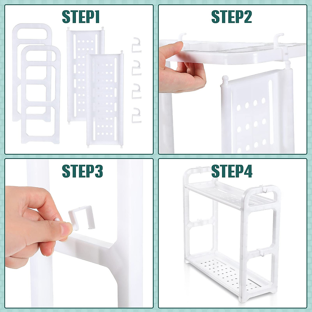 4 Pcs Under Sink Organizer and Storage 2 Tier Bathroom Cabinet Organizer Plastic Standing Rack Multi Purpose Kitchen Countertop Organizer Collection Baskets with Handle Hook for Cabinet Laundry, White