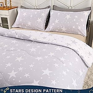 Qucover Star Comforter Set Full Size, 3-Piece Reversible Grey & White Star Pattern Bedding Comforter Set for Boys, Girls, Teen, Super Soft Warm Winter Thick Comforter with 2 Pillowcase, 79x90 in