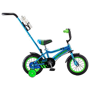 Schwinn Grit Push Steer and Ride Kids Bike, Boys Beginner Bicycle, 12-Inch Wheels, with Training Wheels, Parent Push Handle, Water Bottle and Holder, Blue