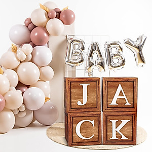 Baby Shower Decorations Boxes with 27 letters - 4 Wood Grain Brown Blocks with 27 Letters, First Birthday Centerpiece Decor, Teddy Bear Baby Shower Supplies, Gender Reveal Backdrop
