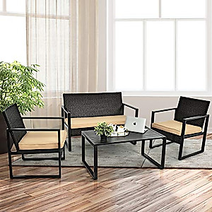Tangkula 4-Piece Patio Rattan Furniture Set, Outdoor Conversation Set w/Seat Cushions & Coffee Table, Sturdy Metal Frame, Sectional Wicker Sofa Set for Garden, Backyard, Poolside (1, Light Brown)