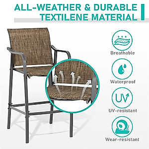 VredHom Outdoor Metal Bar Stools Patio Bar Stools Set of 2, Counter Height Chairs Steel Bar Chairs Lightweight Patio Furniture with Textilene, Armrest and Footrest,Brown