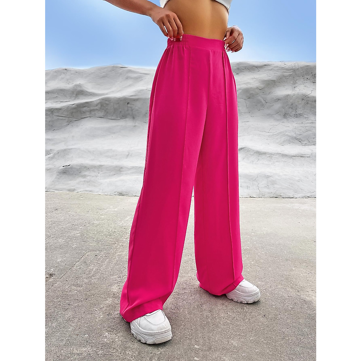 Verdusa Women's Elastic High Waist Solid Straight Leg Pants Casual Long Trousers Hot Pink M