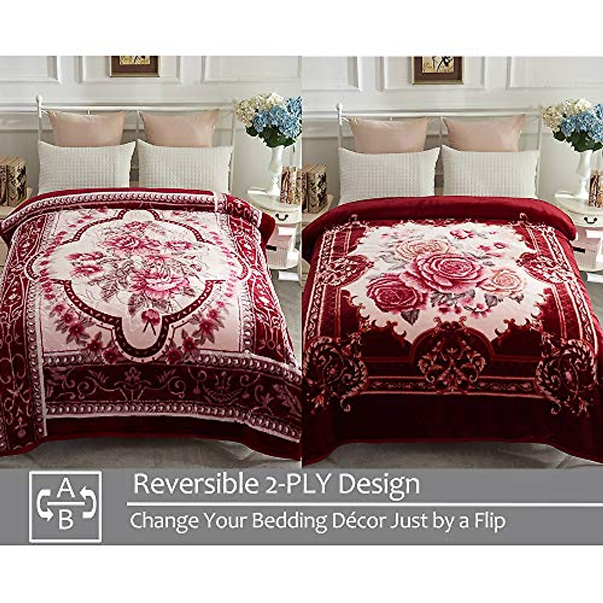 JYK Heavy Korean Mink Fleece Blanket, 5 LB - 2 Ply Reversible 520GSM Silky Soft Plush Warm Blanket for Autumn Winter (Queen, Flower/Burgundy)
