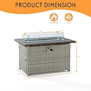 Joyside Rattan Firepit Table - Outdoor CSA-Certified 43 Inch 50000 BTU Propane Fire Pit Table with Windshield Glass & Gas Tank Holder, Auto-Iginition