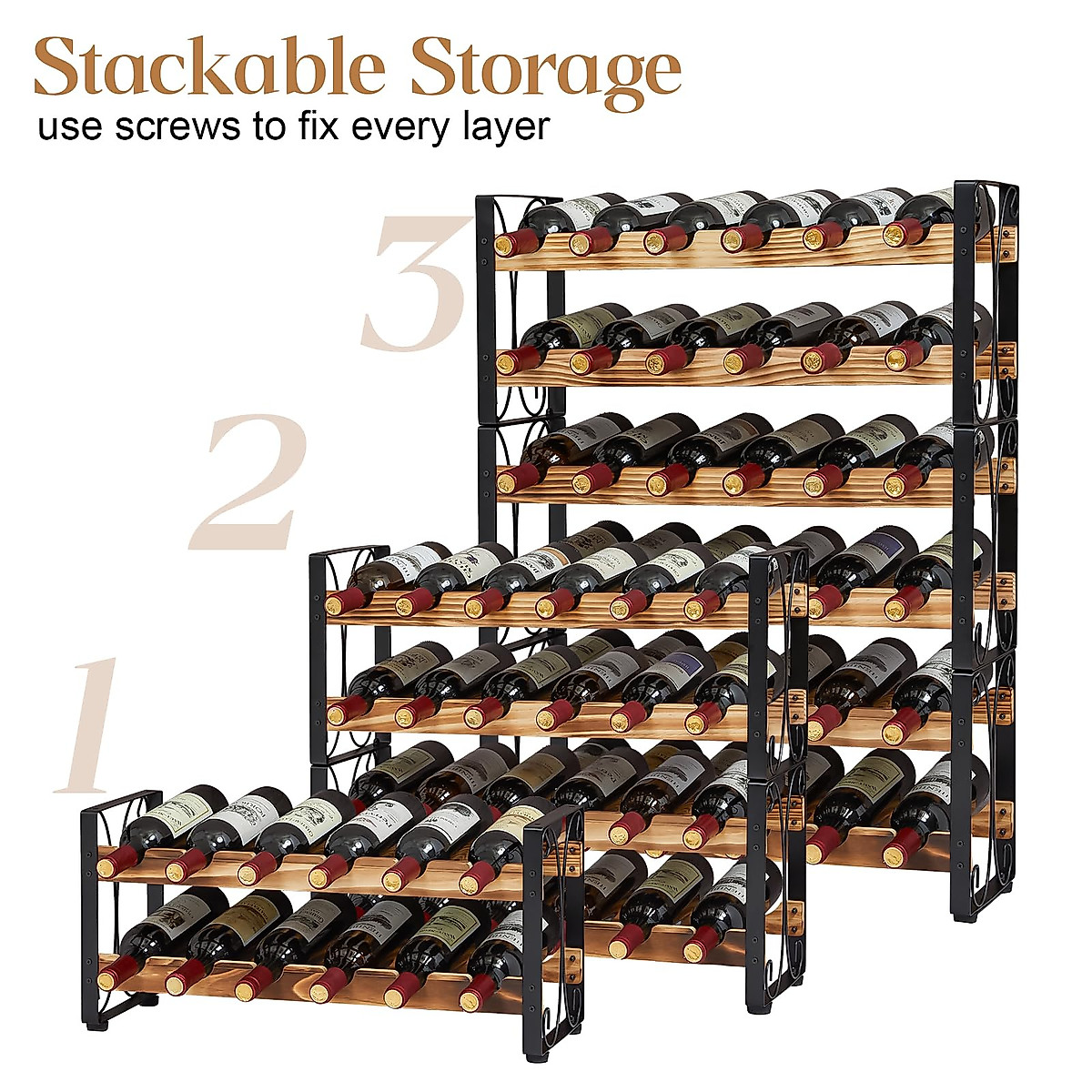 X-cosrack Stackable Rustic 36 Bottle Wine Rack, Freestanding Floor Wine Holder Stand Can Used Separate or Stacked 6 Tier Wobble-Free Wine Display Storage Shelf for Kitchen 24.5''L x 8.6''W x 33.4''H