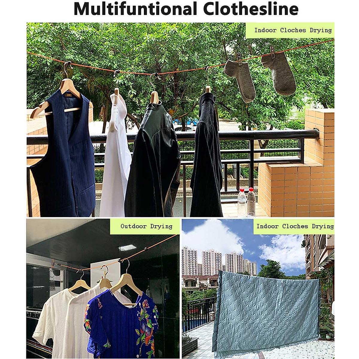 Portable Travel Clothesline Cord, Adjustable Camping Clothes line, Heavy Duty Washing Line with 20 Clothespins & 10 Stoppers for Indoor/Outdoor, Camping, Travel, Courtyard 26ft, 2Pack