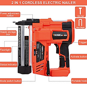 THINKWORK 20V 18 Gauge Cordless Brad Nailer, Durable Nail Gun Battery Powered - (2 in 1 Dual Mode) with Powerful Battery&Fast Charger, 1000 Nails, Single or Contact Firing for Woodworking, Renovation