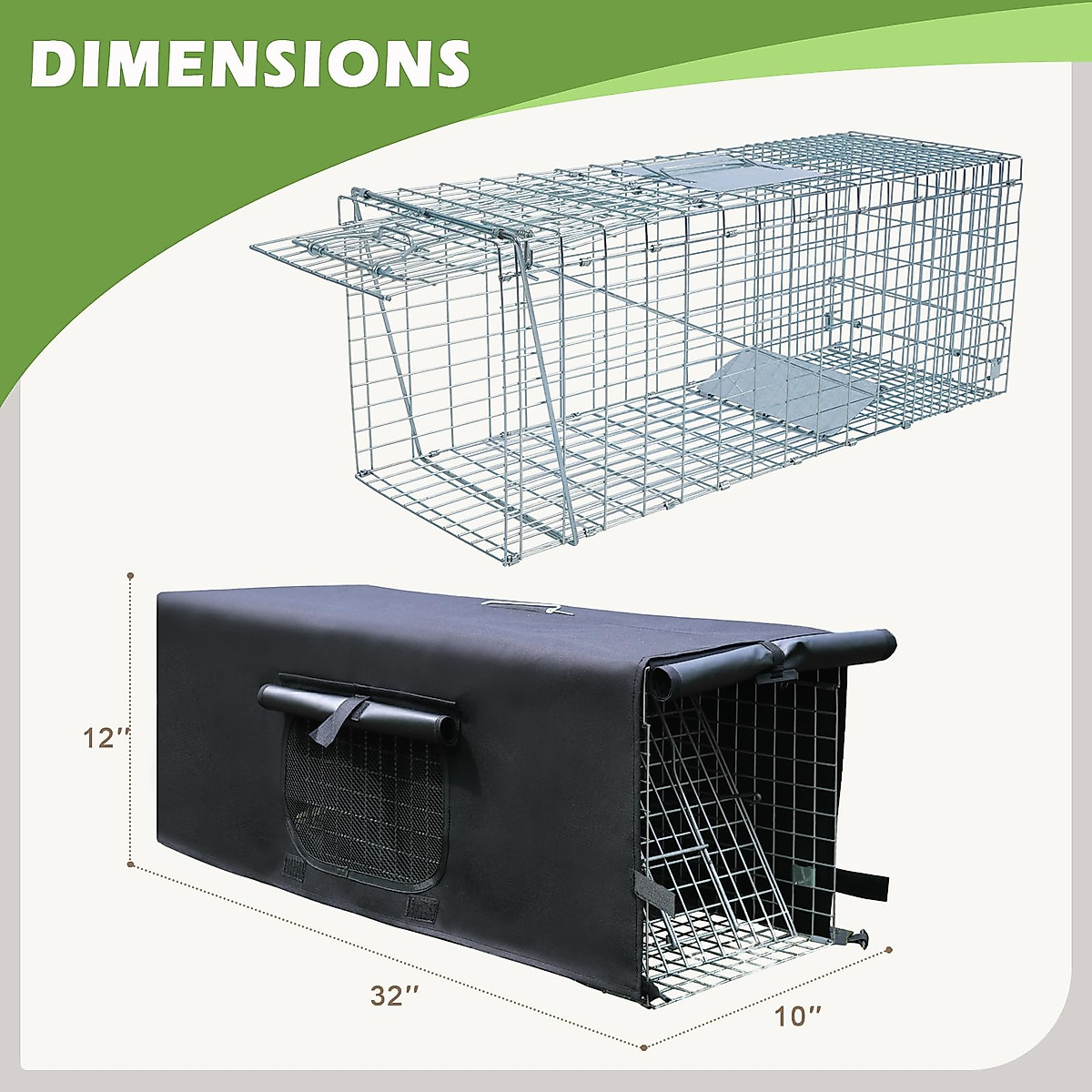 Anmials Trap Cage with Cover & Glove, Trap Cages Cover with Mesh Window for 1-2 Door Humane Animal Trap Cage 32 x 10 x 12inch