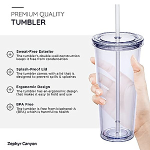 Zephyr Canyon 24oz Double Wall Plastic Tumblers with Lids and Straws | Large Classic Travel Tumbler | 4 Pack Set of 4 | Clear Reusable Cups with Straws | BPA Free