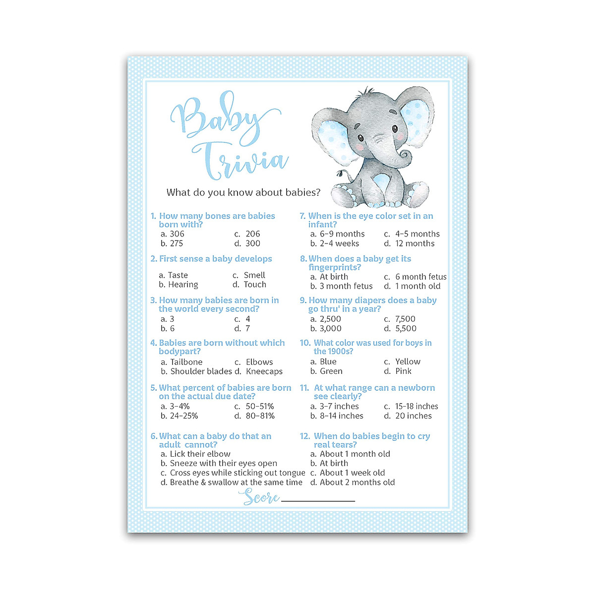 BLUE ELEPHANT Baby Shower Game — BABY TRIVIA Games — Pack of 25 — BOY Baby Shower Games, Fun Baby Facts Games, Baby Boy Shower Activity, Blue Polka Dot Baby Elephant Baby Shower Games, SKU G501-TRV