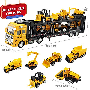 OTONOPI Construction Truck Toy Die-cast Play Vehicle Set with 6pcs Mini Crane Mixer Dump Excavator Car
