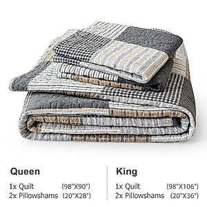 Finlonte King Quilt Bedding Set - 100% Cotton King Size Comforter, Plaid Quilted Bedspread Farmhouse Country Bed Spread, Lightweight Reversible King Quilt Sets All-Season, Gray/Brown/Black/White, 3Pcs