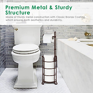 TomCare Toilet Paper Holder Toilet Paper Stand and Dispenser for 4 Mega Rolls Metal Wire Free-Standing Toilet Tissue Paper Roll Storage Shelf Bathroom Accessories Storage Organizer Bronze