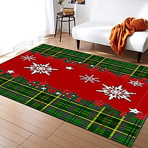 Indoor Area Rug - Welcome Mat Living Room Area Rugs Washable Non-Slip Floor Carpet for Bedroom Farmhouse Dorm (Christmas Snowflake Green Lattice, 2.7'x5')