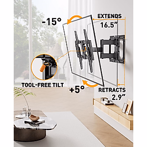 Perlegear Full Motion TV Wall Mount for Most 37-82 inch Flat Curved Screen up to 100 lbs, 12"/16" Wood Studs, TV Mount Bracket with Dual Articulating Arms, Swivel, Tool-Free Tilt, Max VESA 600x400mm