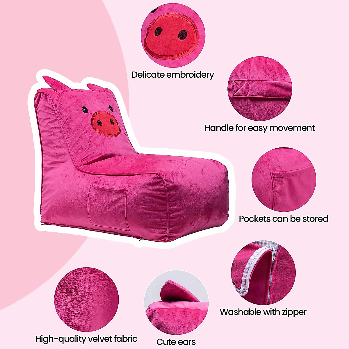 Cvortll Bean Bag Chair for Kids, Cute Pig L-Shape Animal Bean Bag Sofa with Top Handles and Side Pockets, Cute Soft and Comfy Bean Bag Chair with Filler Included, Ages 1+ Children's Day Gifts