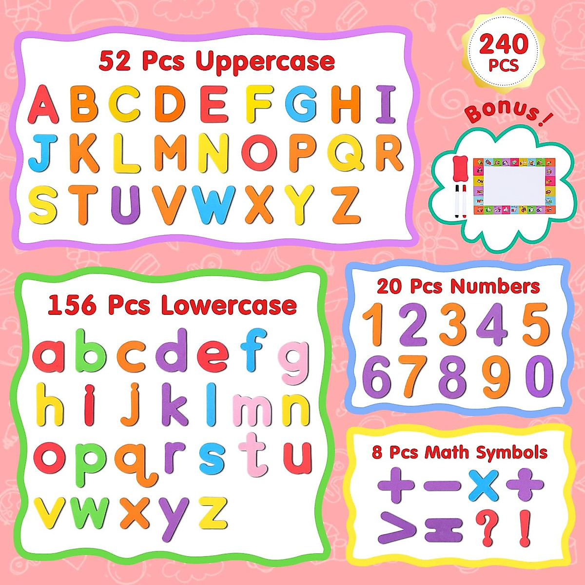 240Pcs Magnetic Letters Numbers for Classroom School Supplies Alphabet Magnets Fridge Foam Letters for Kids with Magnet Board Homeschool Preschool Educational Toys for Toddlers Spelling & Learning ABC