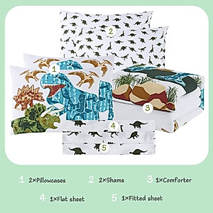 Kaleido Space KALEIDOSPACE Gilrs Boys Bedding Sets Twin, 5 Piece Glow in The Dark Dinosaur Bed in A Bag-1 Comforter,1 Pillow Sham, 1 Pillowcase, 1 Flat Sheet, 1 Fitted Sheet