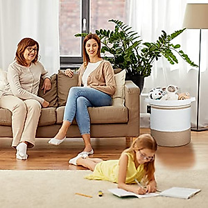 Hiromi Cotton Rope Basket - Decorative White Storage Bins for Room Organization - Firm Woven Hamper for Laundry - Toys, Towel, Cushion, Throw Pillow, Blanket Holder with Durable Handles - 16in x 18in Brown