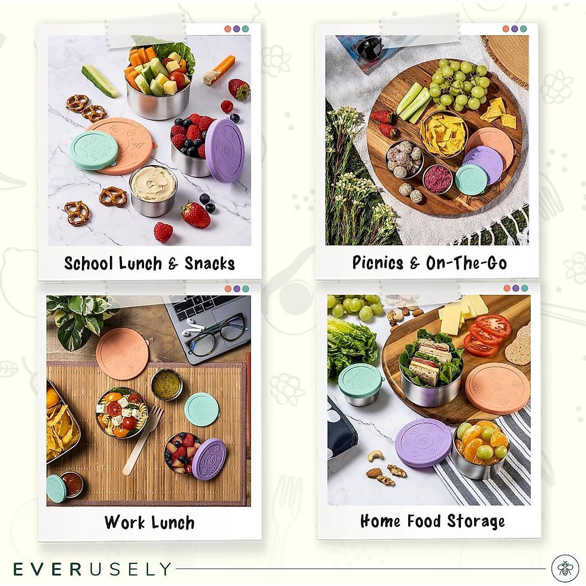 Everusely Stainless Steel Containers with Lids, Stainless Steel Food Containers with Lids, Stainless Steel Snack Containers for Kids, Stainless Steel Lunch Container, Metal Food Storage Containers