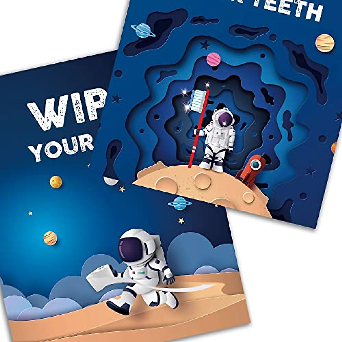 FALJIOK Funny Bathroom Outer Space Planet Wall Art Prints Decor, Bathroom Sign Brush Wash Brush, Bathroom Gift for Kids Son Brother Grandson Set of 4 (8”X10”) Unframed