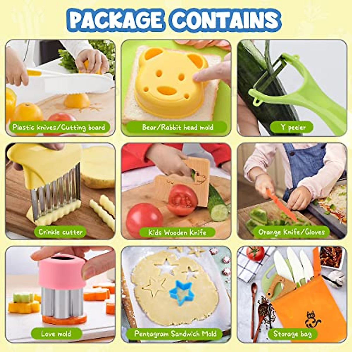 ZIJUND 22PCS Wooden Kids Kitchen Knife, Crocodile Kids Knife Set with Gloves Cutting Board Fruit Vegetable Crinkle Cutters Serrated Edges Plastic Toddler Knifes for Real Cooking Kid Safe Knives