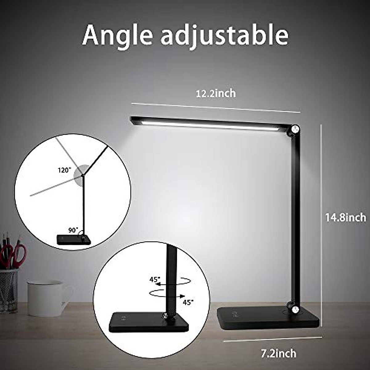 LED Desk Lamp with USB Charging Port Dimmable Eye-Caring Desk Light with Touch Control Foldable Lamp with 5 Lighting Modes,3 Brightness Levels Table Lamp for Reading, Studying, Working, Office, Black